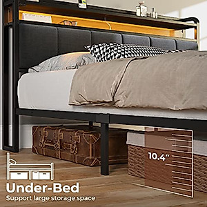 Rolanstar Bed Frame Queen Size with Charging Station and LED Lights, Upholstered Headboard with Storage Shelves, Heavy Duty Metal Slats, No Box Spring Needed, Noise Free, Easy Assembly, Dark Grey