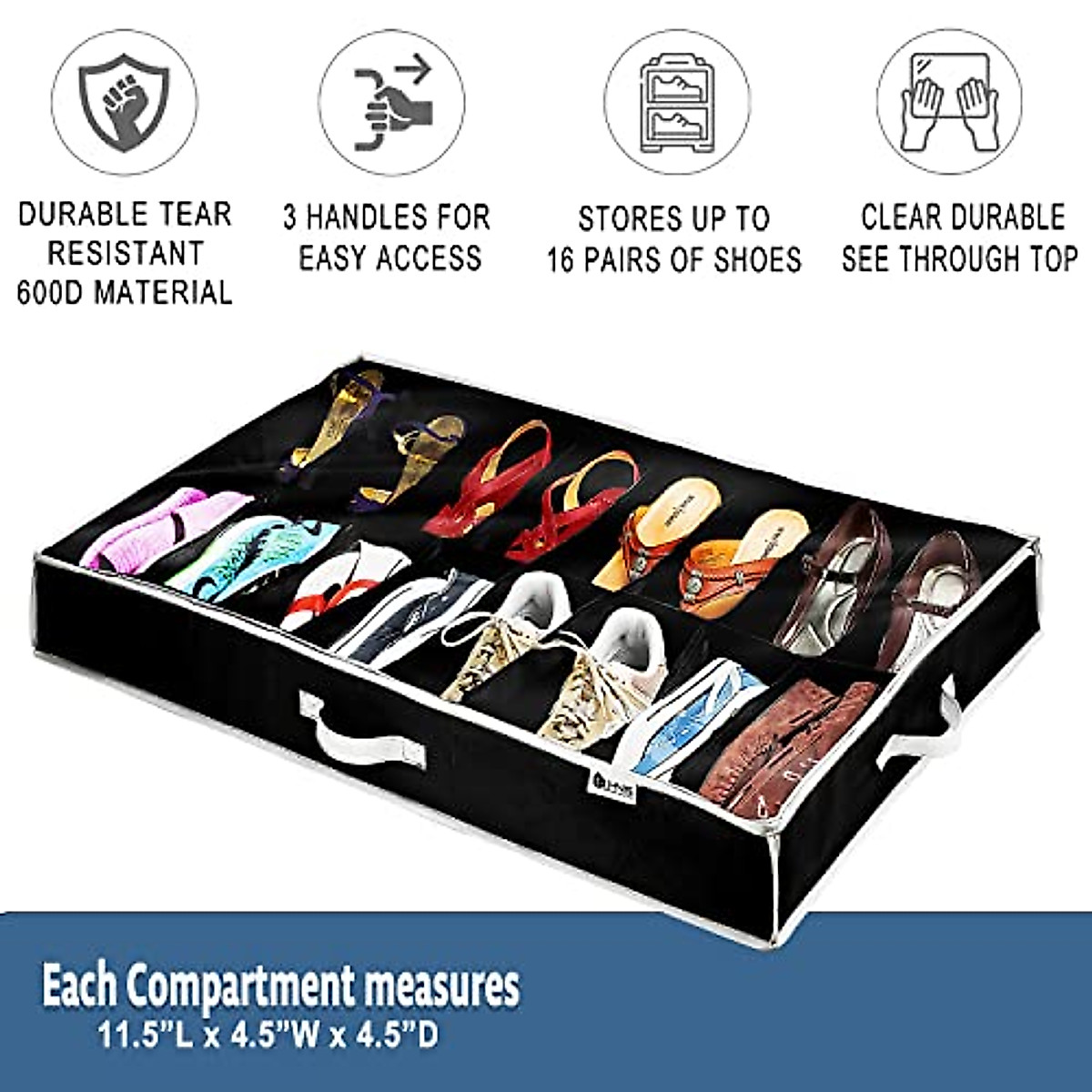 HOLDN' STORAGE Extra-Large Under Bed Shoe Storage Organizer - Underbed Storage Solution Fits Men's and Women's Shoes, High Heels, and Sneakers with Durable Vinyl Cover & Extra-Strong Zipper - Black