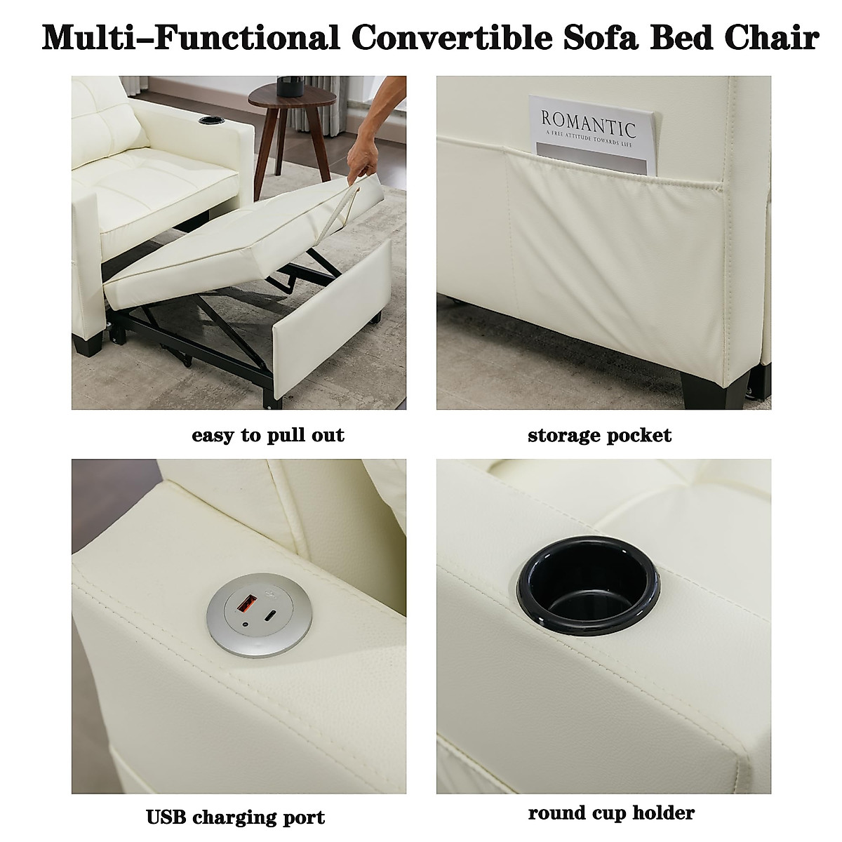 EXZLFA Futon Sofa Bed, 3-in-1 Convertible Sleeper Beds with USB Ports and Cup Holder,Adjustable Backrest Lounge Chair for Living Room，Bedroom,Guest Room (Leather - White)