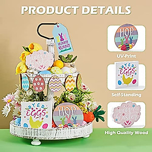 HOMDAILY 11 Pieces Easter Decorations-Easter Tiered Tray Decor Bundle-Easter Wooden Eggs Garland&3 Decorative Blocks&1 Sign-Gnome Bunny Plush-Rustic Farmhouse Spring Decor for Home Kitchen Table Shelf