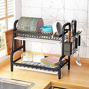 1Easylife Dish Drying Rack, 2-Tier Compact Kitchen Dish Rack Drainboard Set, Large Rust-Proof Dish Drainer with Utensil Holder, Cutting Board Holder for Kitchen