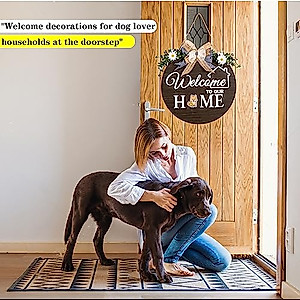 Interchangeable Welcome Sign Front Door Decoration,containing 14 signs. Family Porch Suspension Welcomes Round Wood Decoration. Welcome Sign diameter 12.6 Inch (Black)