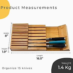 Xabono Knife Drawer Organizer Bamboo Kitchen Organizer Large Knife Block EdgeProtecting Kitchen Drawer Organizer Natural Silverware Organizer Elegant Bamboo Knife Drawer Organizer (15 Knife Organizer)