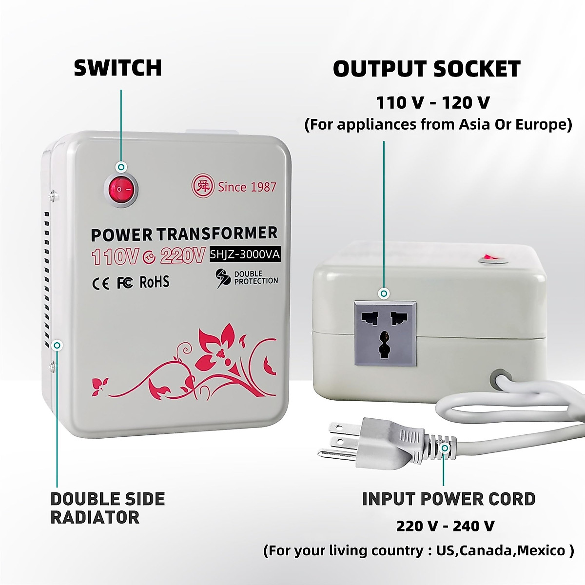 SUNSHUN 3000W Step Up Voltage Converter 110V to 220V, Step Up Transformer 110V/120V to 220V/240V with Temperature Protection for European Asian Appliances in The USA