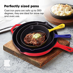 Klee Enameled Cast Iron Skillet, Set of 3 (8-inch, 10-inch, 12-inch) - Multipurpose Cooking Pan with Porcelain Enamel Coating and Pour Spout - Safe for Any Stovetop and Oven Up To 500°F