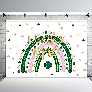 MEHOFOND 7x5ft Lucky One Rainbow Backdrop St. Patrick's Day 1st Birthday Party Banner for Girl Shamrock Green Clover Pink Gold Floral Background Party Supplies Photo Booth Props