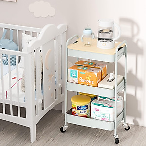 TOOLF 3 Tier Rolling Cart, Metal Utility Cart with Wheels & Wooden Top, Diaper Organizer Cart, Rolling Craft Storage Cart, Serving Trolley Cart for Kitchen, Office, Bathroom, Baby Nursery, Green