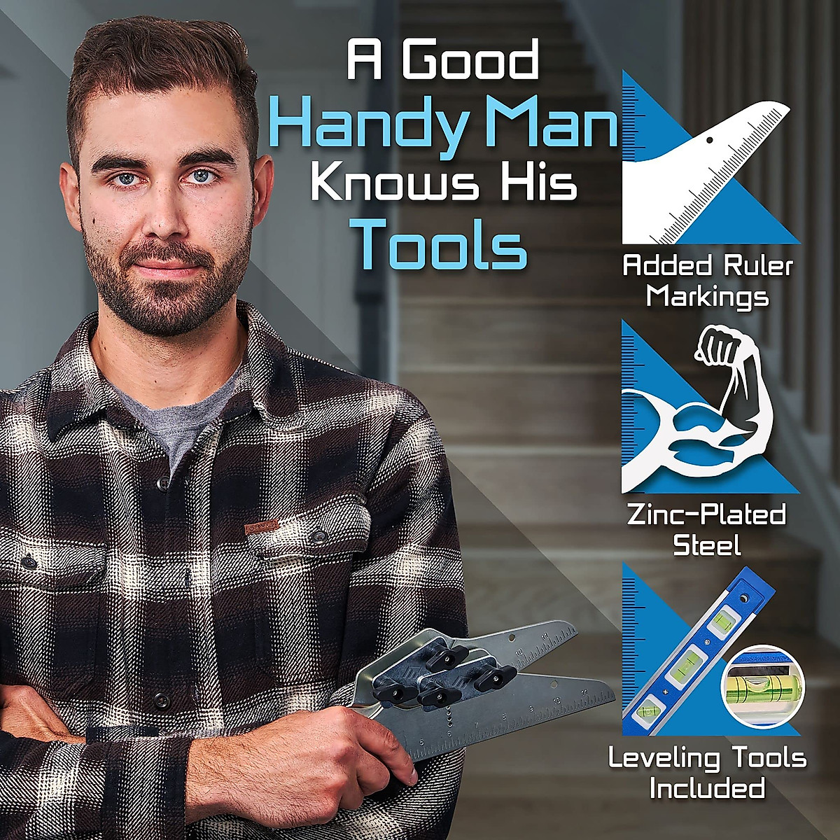 Empire of Electronics Staircision Stair Tread Template Tool - Stair Gauge Set with Carpenter Pencil and Level for Extra Precision - Solid Metal Stairs Jig for Accurately Measuring Angle and Length