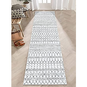 LIVEBOX Black and White Runner Rug 2.5x8 - Washable Rug Runner for Hallway Thin Boho Rug for Entryway, Moroccan Non-Slip Rug for Bedroom, Geometric Throw Carpet for Bathroom Laundry Room
