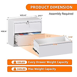 METAN Metal Lateral Filing Cabinet with 2 Drawers for Home Office, Locking Steel Wide File Storage Cabinet for Hanging Legal/Letter A4 Size, Assembly Required, White