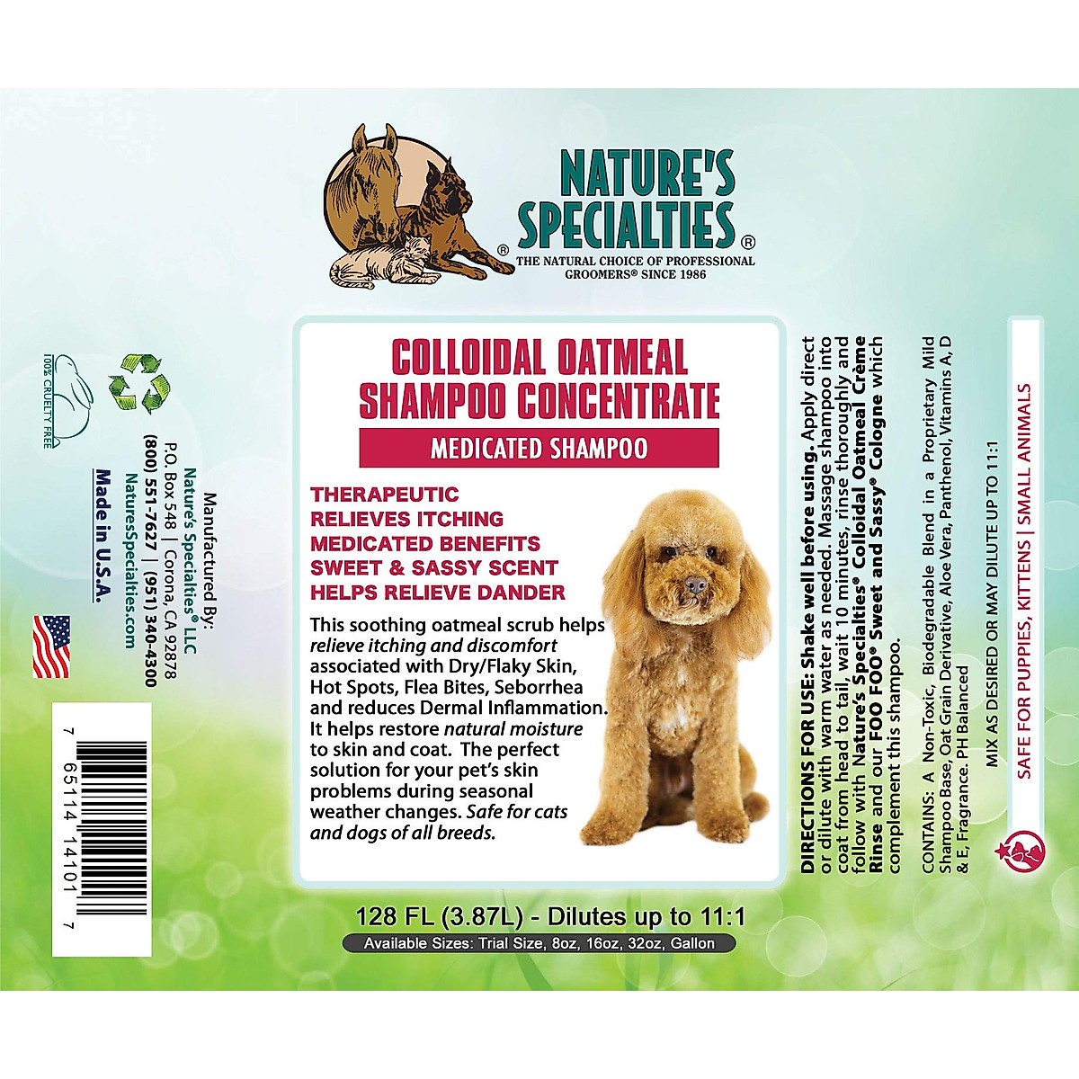 Nature's Specialties Colloidal Oatmeal Ultra Concentrated Dog Shampoo Concentrate for Pets, Makes up to 1.5 Gallons, Natural Choice for Professional Groomers, Relieves Itching, Made in USA, 16 oz
