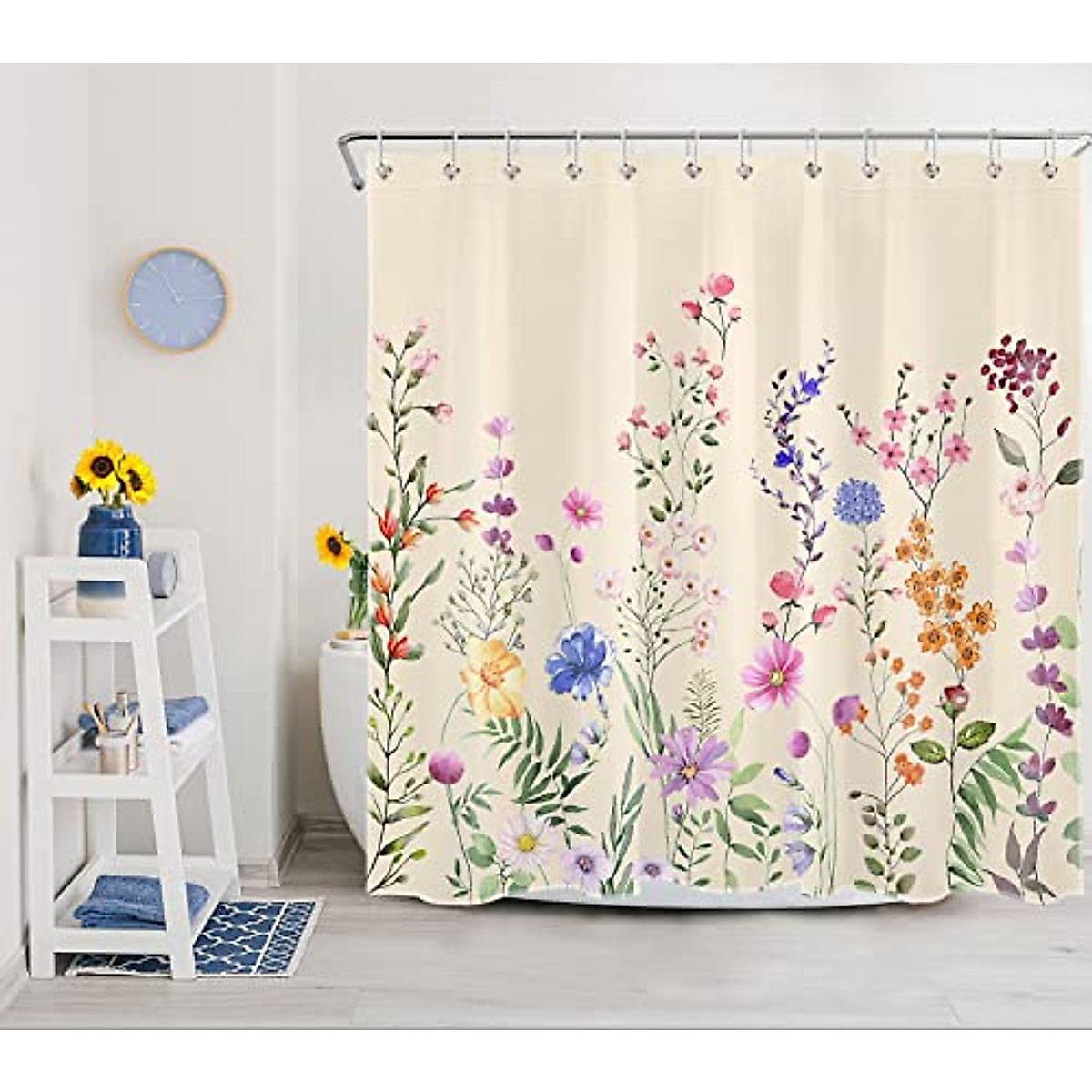 LB Farmhouse Floral Shower Curtain for Bathroom,Nature Colorful Wildflower and Green Botanical on Beige Fabric Shower Curtain with Hooks,Spring Country Theme Bathroom Curtains Shower Set, 72x78 inches