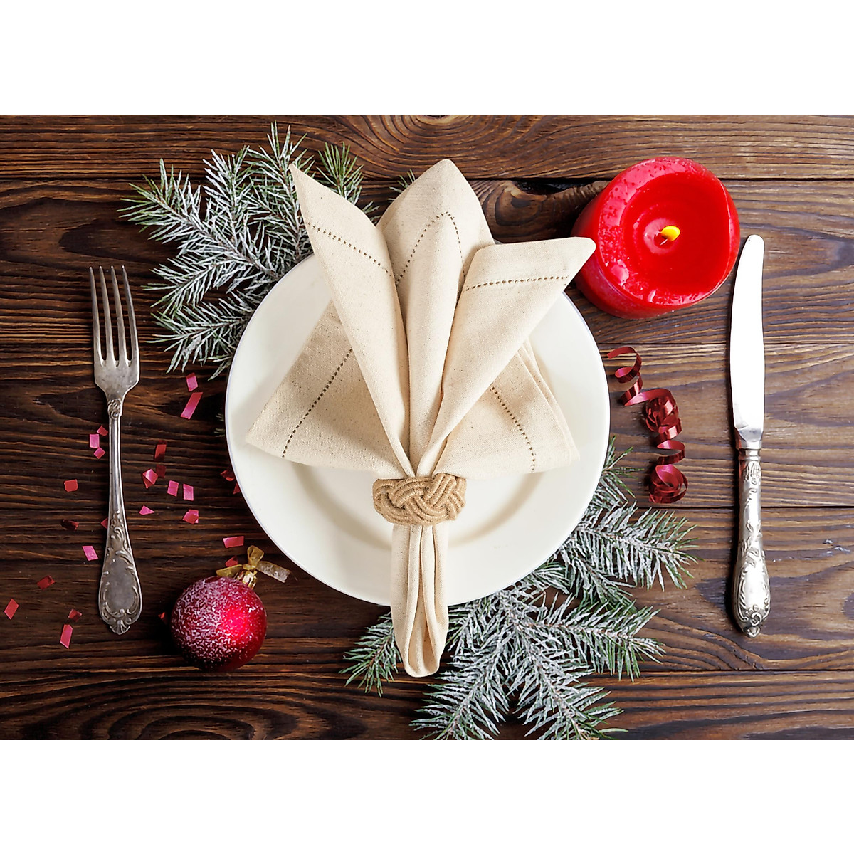 Linen Hemstitched Cloth Napkins, Set of 12 - Natural Flax, Washable Dinner Napkins