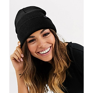 Satin Lined Winter Beanie Hats for Women Unisex Cotton Knitted Cuffed Knit Hat with Silky Lining Slouchy Skull Cap Black