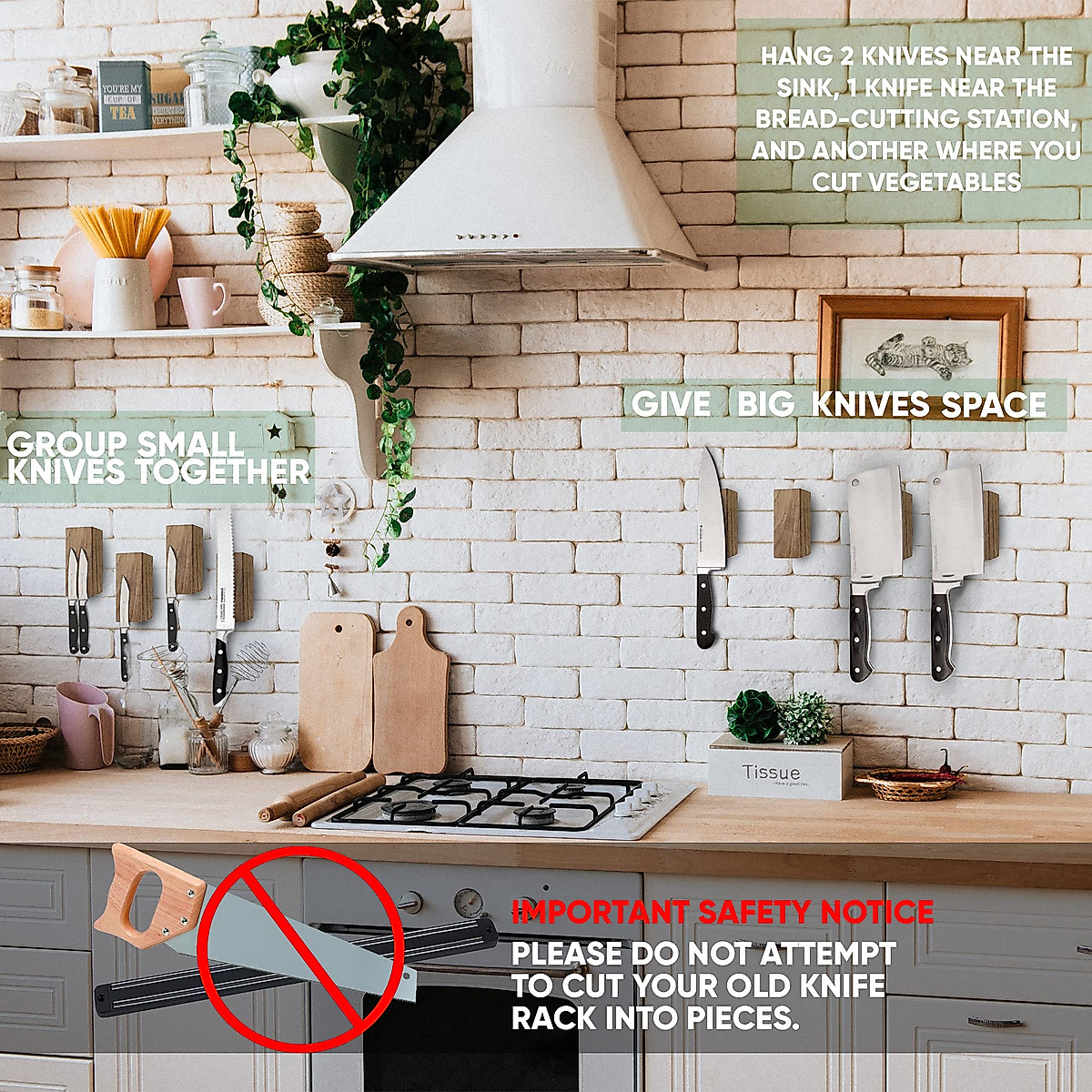 Magnetic Knife Holder For Wall - STRONG Neodymium Magnets & 3M Adhesive Strip (No Drilling!) Wooden Walnut Block Kitchen Tools Cutlery Utensils Holder Rack Mount Bar Set (10, Walnut)