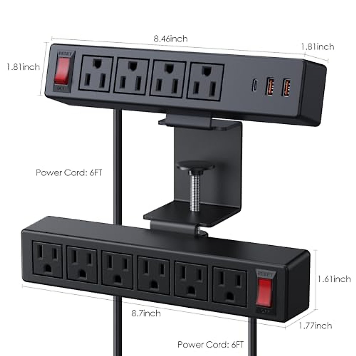 VILONG Desk Clamp Power Strip with USB, 2 in 1 Dual Layer Desktop Edge Power Strip, Removable Clamp Power Socket with 10AC Outlets & Switch, 6ft Extension Cord（Black）