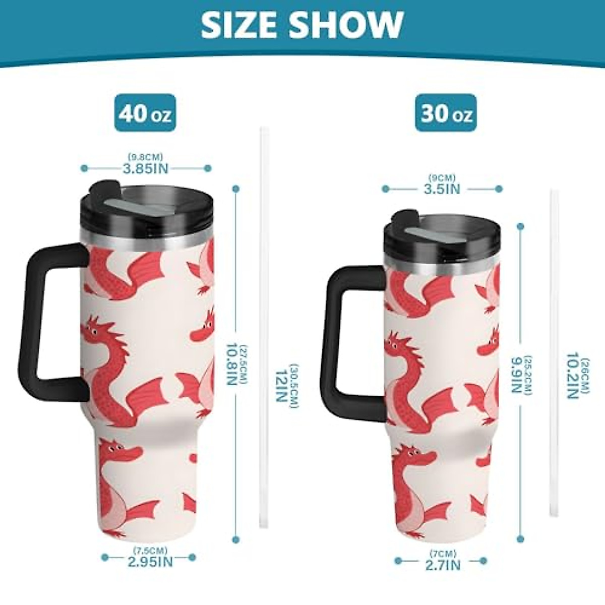 Flradish 30oz Tumbler with Handle, Red Dragon Pattern Stainless Steel Tumbler with Lid and Straws Double Wall Vacuum Insulated Leakproof Coffee Travel Mug
