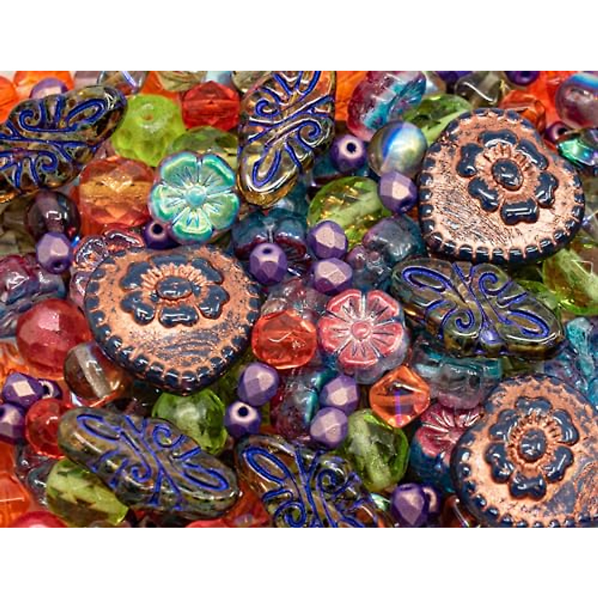 2.1oz (60 g) Mix of Unique Czech Bohemia Glass Pressed Beads, Crazy Purple Green Copper, Table Cut, Matte and Glossy, Faceted Fire Polish, Hand Made Set Kit BCV