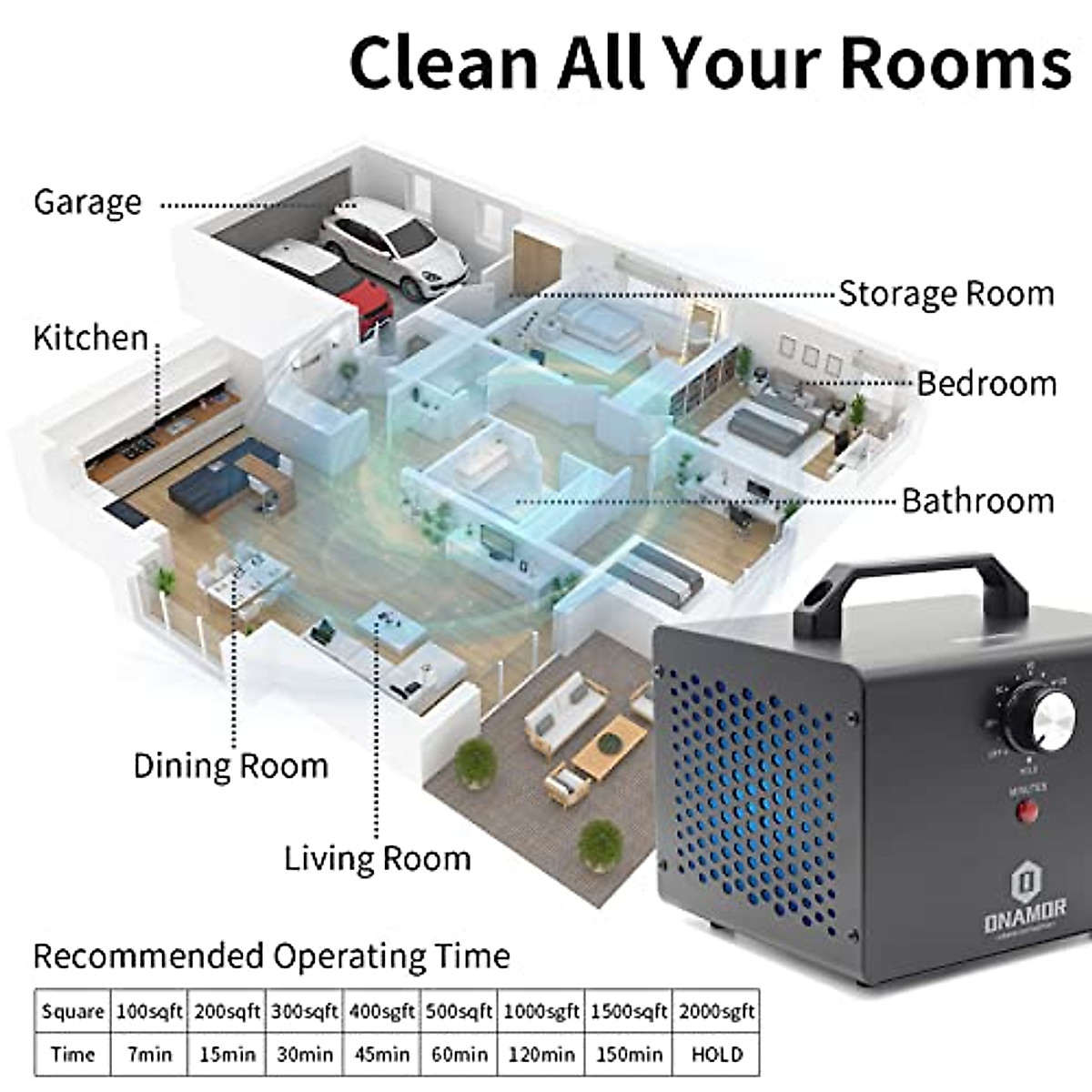 [New Upgraded 15000mg/h] Ozone Generator for Areas of 2000+ Sq.Ft, Ozone Machine Odor Removal for Home, Ozone Odor Eliminator for Smoke, Car, Basements, and Pet Odors - Black