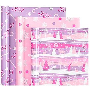 WRAPAHOLIC Christmas Wrapping Paper Roll - Mini Roll - 3 Rolls - 17 Inch X 120 Inch Per Roll - Pastel Pink and Purple Reindeer, Candy Cane with JOY, Snowflake Holiday Collection