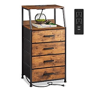 NASHZEN Nightstand 4 Drawer Dresser with Charging Station, Side Table with Fabric Drawers, End Table with Open Shelf, Bedside Table, Tall Dresser for Bedroom, Hallway, Entryway