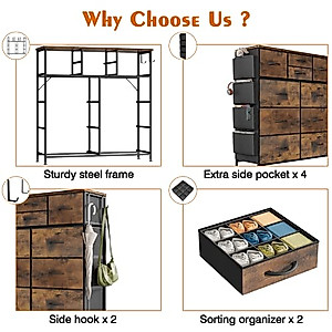 YaFiti 10 Drawer Dresser, Chest of Drawers for Bedroom, Fabric Dresser Drawers with Side Pockets, Hooks, Wooden Top and Sturdy Metal Frame for Living Room, Closet, Hallway, Nursery (Rustic Brown)