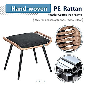 JOIVI Outdoor Wicker Ottoman Set of 2, Patio Rattan Ottomans with Seat Cushions, 2 Pieces Footstool Footrest Seat for Outside Garden, Balcony, Living Room