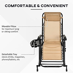 Outsunny Outdoor Rocking Chairs, Foldable Reclining Zero Gravity Lounge Rocker w/Pillow, Cup & Phone Holder, Combo Design w/Folding Legs, Beige