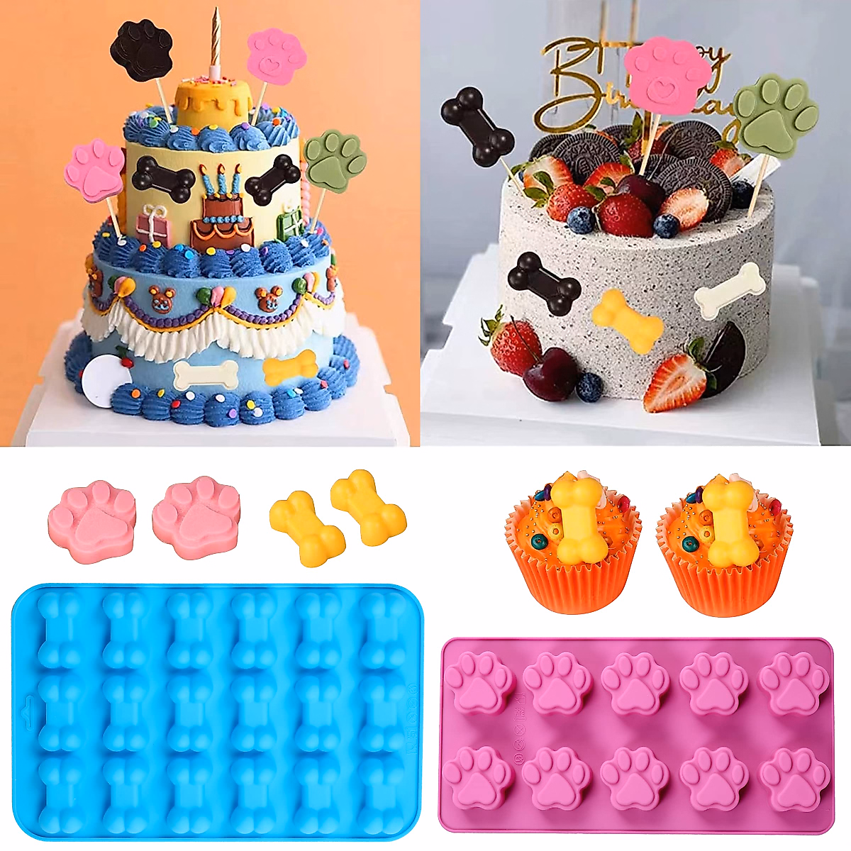 Silicone Molds Puppy Dog Paw and Bone Molds (6 PCS) for Baking, Chocolate, Candy, Jelly,Ice Cube Silicone Treat Molds