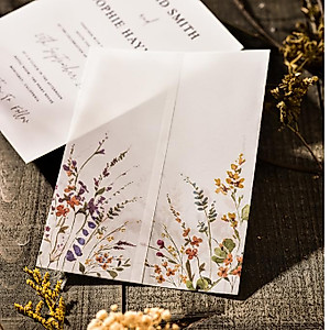 Puremigo 50 Pack Wildflower Printed Pre-Folded Vellum Jackets for 5x7 Invitations - 115GSM Vellum Paper 5x7 Jackets - Vellum Wedding Invitations Wraps - Transparent Wedding Invitations Jacket