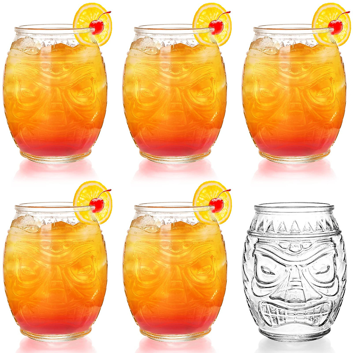 TOPZEA 6 Pack Tiki Glass Mug, 16 Oz Clear Tiki Bar Glasses Cups Double Old Fashioned Cocktail Mugs for Mai Tai, Pina Colada, Punch, Hawaiian Luau Party Drinkware Glass