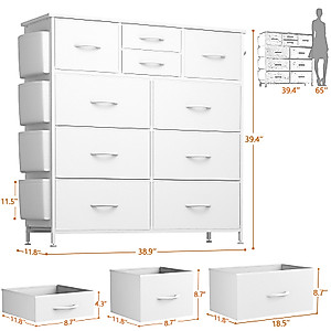 YaFiti 10 Drawer Dresser, Chest of Drawers for Bedroom, PU Dresser with Side Pockets, Hooks, Wooden Top and Sturdy Metal Frame for Living Room, Closet, Hallway (White)