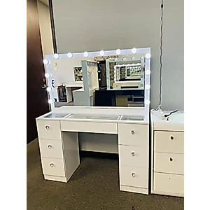 MSILVA 07 Drawers Glass top White Makeup Vanity with Mirror and Set of 14 led Lights Bulbs