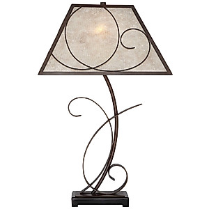 Franklin Iron Works Teri Rustic Farmhouse Table Lamp 27" Tall Vintage Brown Scroll Metal Light Mica Tapered Rectangular Shade for Bedroom Living Room House Home Bedside Nightstand Office Entryway