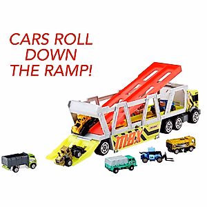 Matchbox Construction Hauler Detachable Cab Holds 16 Vehicles Plus Metal die-cast Tractor and Parts for Realistic Story Play Great Gift Ages 3 and Older