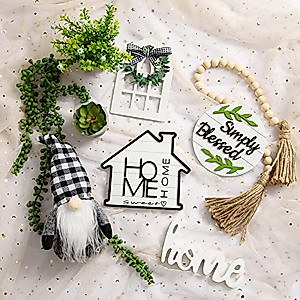 11 Pcs Farmhouse Tiered Tray Decor Set with Artificial Succulents Plants, Home Sweet Home Wooden Sign, Wooden Bead Garland Black White Buffalo Plaid Gnome (Tiered Tray Not Included)