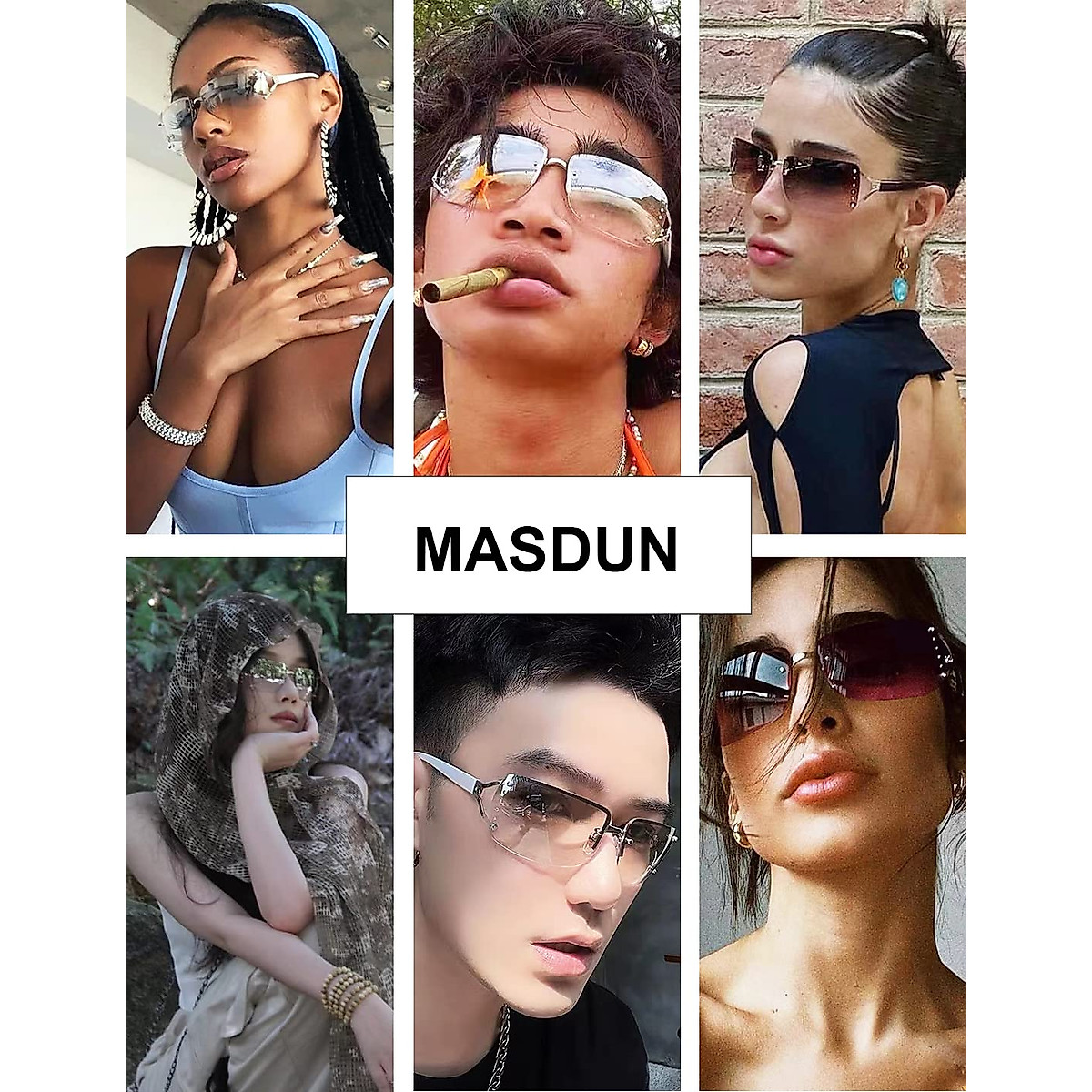 MASDUN Stylish Rimless Frameless Rectangle Sunglasses for Womens Surrounded designer trendy men (White Frame White Silver Lens/Brown Frame Brown Lens)