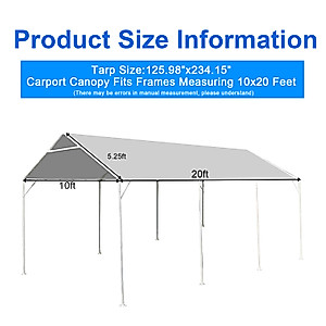 HFYZZ 10 x 20 Ft Heavy Duty Carport Replacement Canopy Cover Waterproof & UV Protected Car Garage Top Tent Shelter Tarp Cover with 44 Ball Bungees Cords, Only Top Cover, Grey