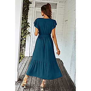 PRETTYGARDEN Women's 2023 Floral Boho Dress Wrap V Neck Short Sleeve Belted Ruffle Hem A-Line Flowy Maxi Dresses (Solid Lake Blue,X-Large)