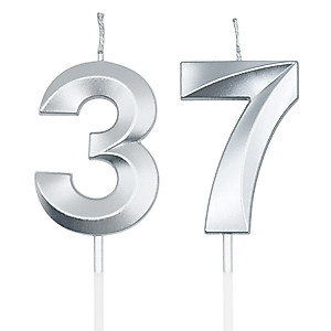 Silver 37th & 73rd Birthday Candles for Cakes, Number 37 73 Candle Cake Cupcake Topper for Birthday Anniversary Party Decoration