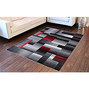 Masada Rugs, Modern Contemporary Area Rug, Red Grey Black (5 Feet X 7 Feet)
