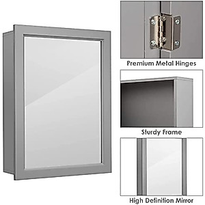 FUTADA Bathroom Medicine Cabinet with Mirror, Wall-Mounted Storage Organizer, Adjustable Shelf & Single Door, Modern Mirror Cabinet for Living Room, Bedroom, Hallway (Grey)