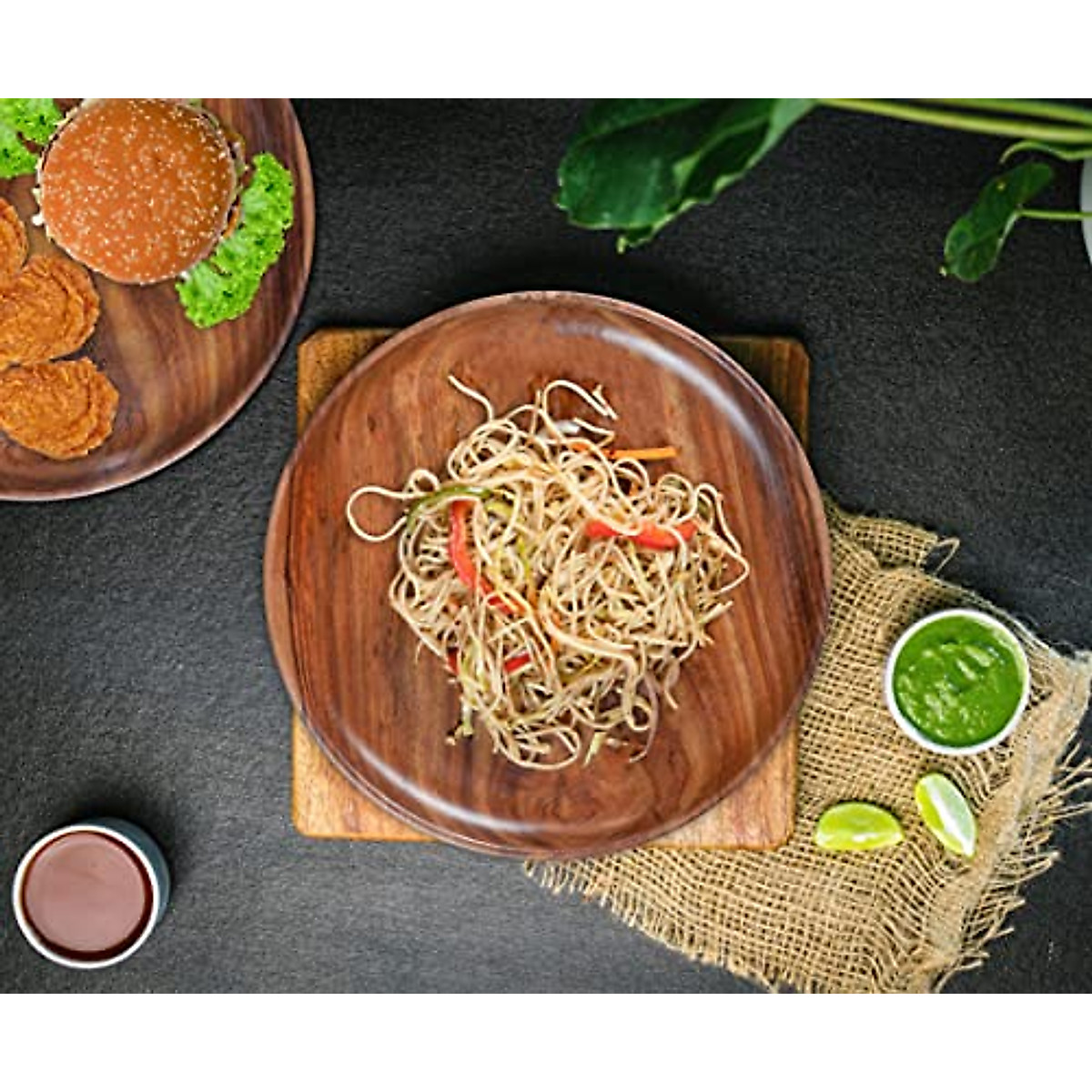 Wooden Plates, Teak Wood Dinner Plates, Round Serving Plate Set of 2, Cheese Plates Coffee Tea Serving Tray Fruit Platters Party Dinner Plates, Wood Plates for Snacks, 10 Inch