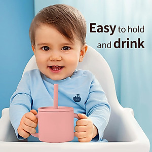 Silicon Sippy Trainer Straw Cups Double Handle Silicone Cup, Baby Training Cup with Handles Lid and Straw, BPA Free, Unbreakable 6.7oz