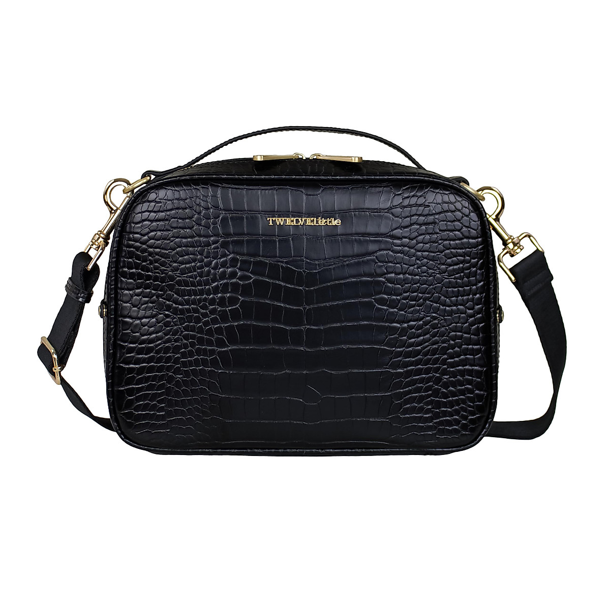 TWELVElittle Luxe Diaper Clutch - Crossbody Diaper Bag includes Portable Changing Pad, Zip Out Pouch organizer and Wipes Case Black Croc