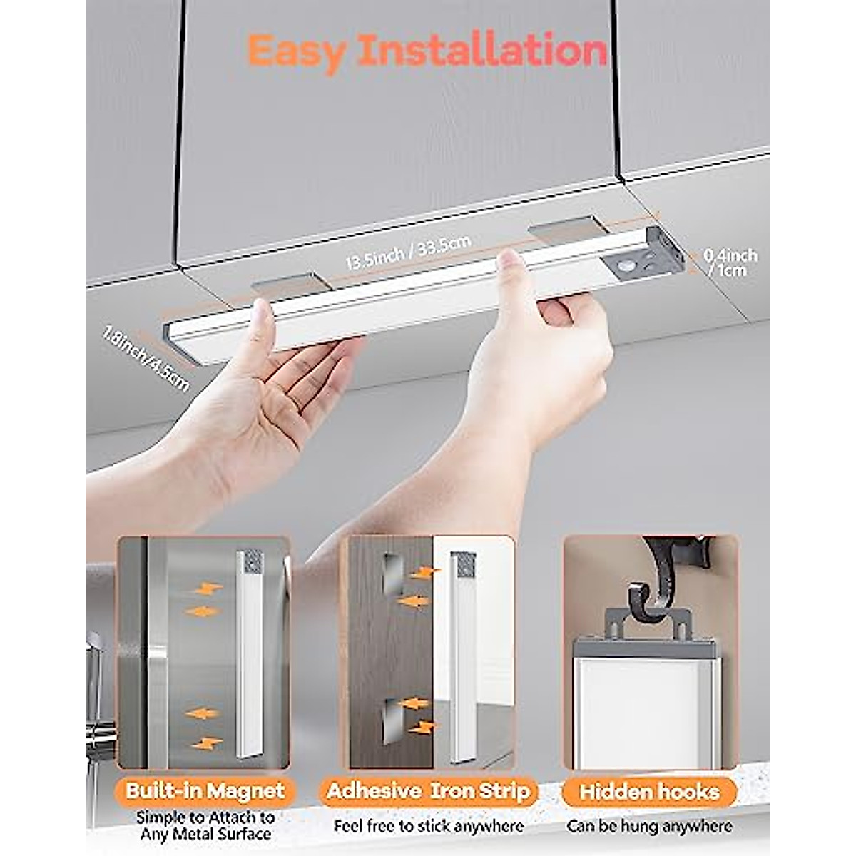 65 LED Under Cabinet Lights 2 Packs, 3 Color Temperatures Dimmable Motion Sensor Closet Lights, 2500mAh Rechargeable Under Counter Lights, Wireless Night Lights for Drawer, Wardrobe, Kitchen, Hallway