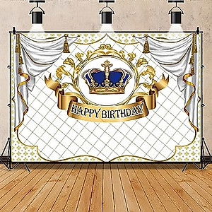 DORCEV 6x4ft Royal Prince Happy Birthday Backdrop Newborn Boys 1st Birthday Party Photography Background Luxurious Blue Gold Crown Lattice Curtain Texture Decor Banner Cake Table Decor Wallpaper