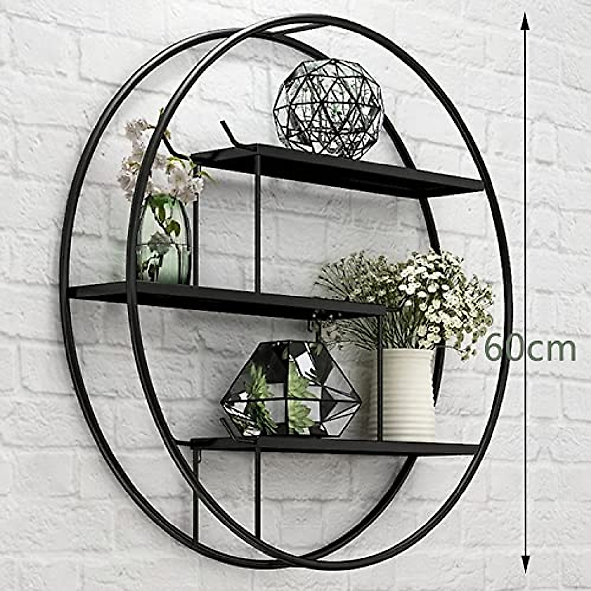 Bedroom Storage Shelf Multipurpose Wall-Mounted Decorative Shelf Metal Iron Round Display Stand/Floating Shelves Creative Living Room,Black,60cm