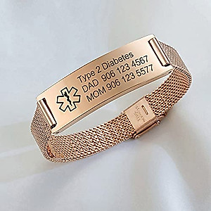 VNOX Medical Alert Bracelets for Men & Women with Free Engraving Adjustable Stainless Steel Mesh Emergency Medical ID Bracelets Wristband,Rose Gold