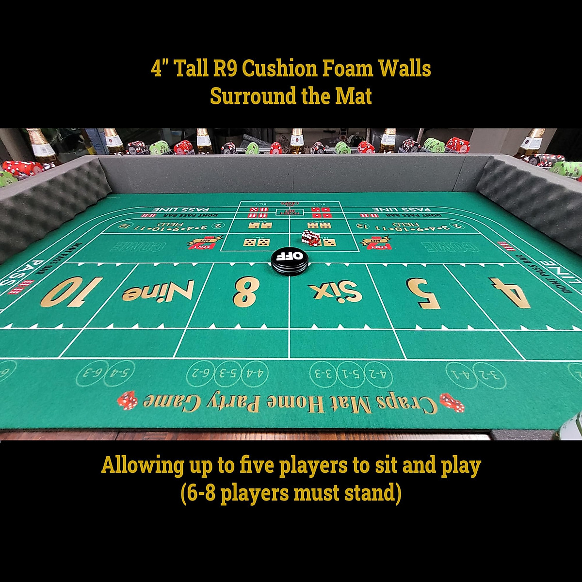 Casino Dealer Mats Premium Quality Craps Layout- Green - Lightweight Portable - Foam Walls - Fits on Most Dinning Room Tables - The Ultimate Home Style Party Game